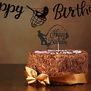 3 Pieces Fishing Birthday Banner Decoration Fisherman Cake Topper Triangle Banner Glitter Fishing Happy Birthday Cake Decoration for Men Boys Kids Black Go Fishing Theme Birthday Party Supplies