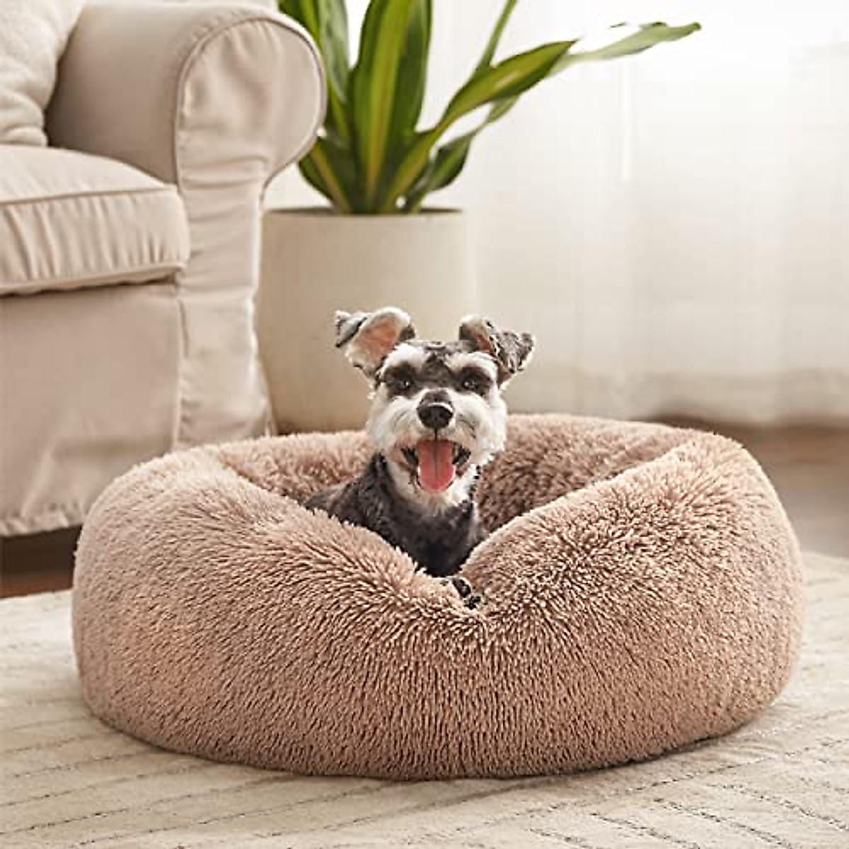 Bedsure Calming Dog Bed for Small Dogs - Donut Washable Small Pet Bed, 23 inches Anti Anxiety Round Fluffy Plush Faux Fur Large Cat Bed, Fits up to 25 lbs Pets, Camel