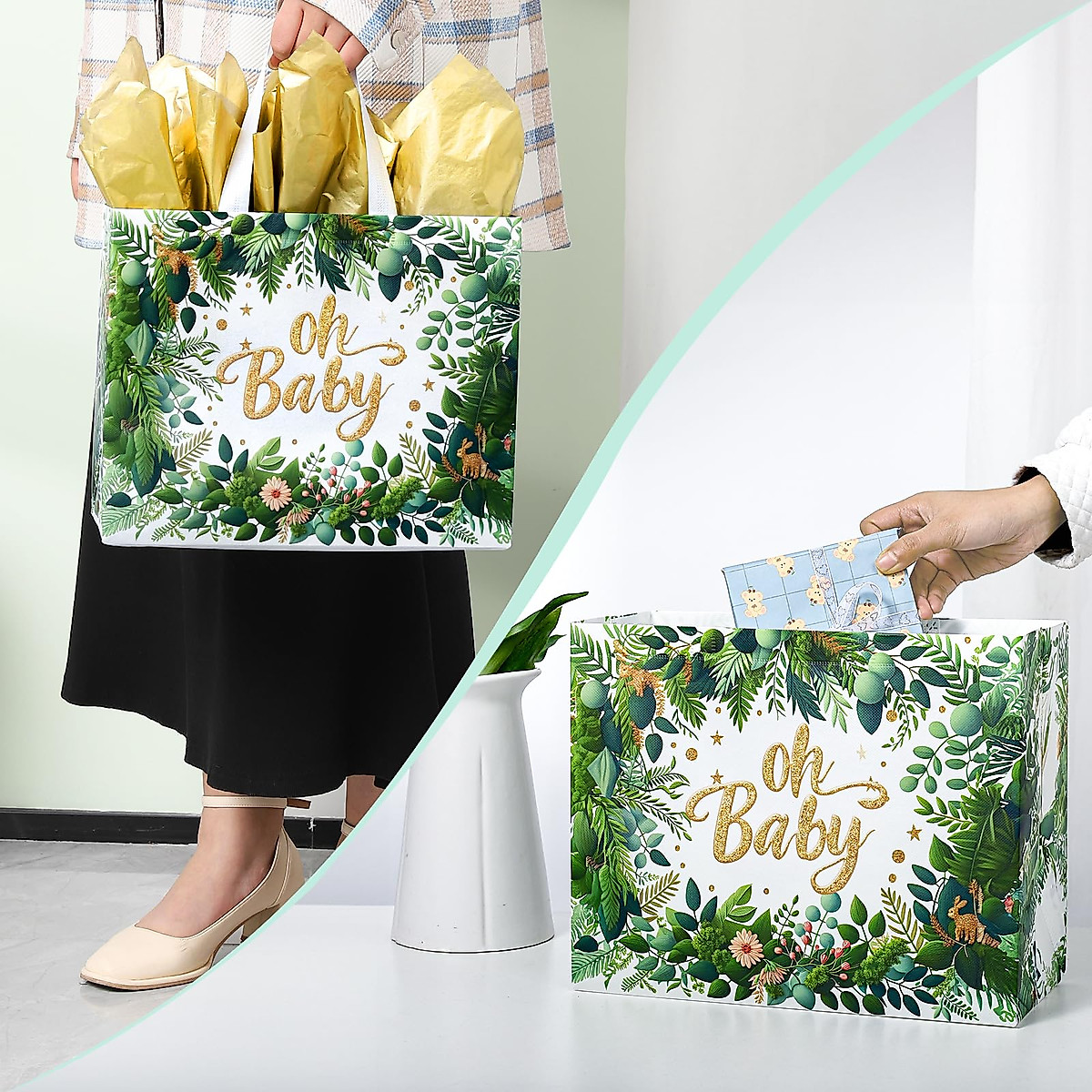 YANGTE 2 Pack 13" Large Baby Gift Bag for Baby Shower, Reusable Non-Woven Baby Gift Wrap Bags with Tissue Paper and Greeting Card for Boy and Girl Baby Shower Party