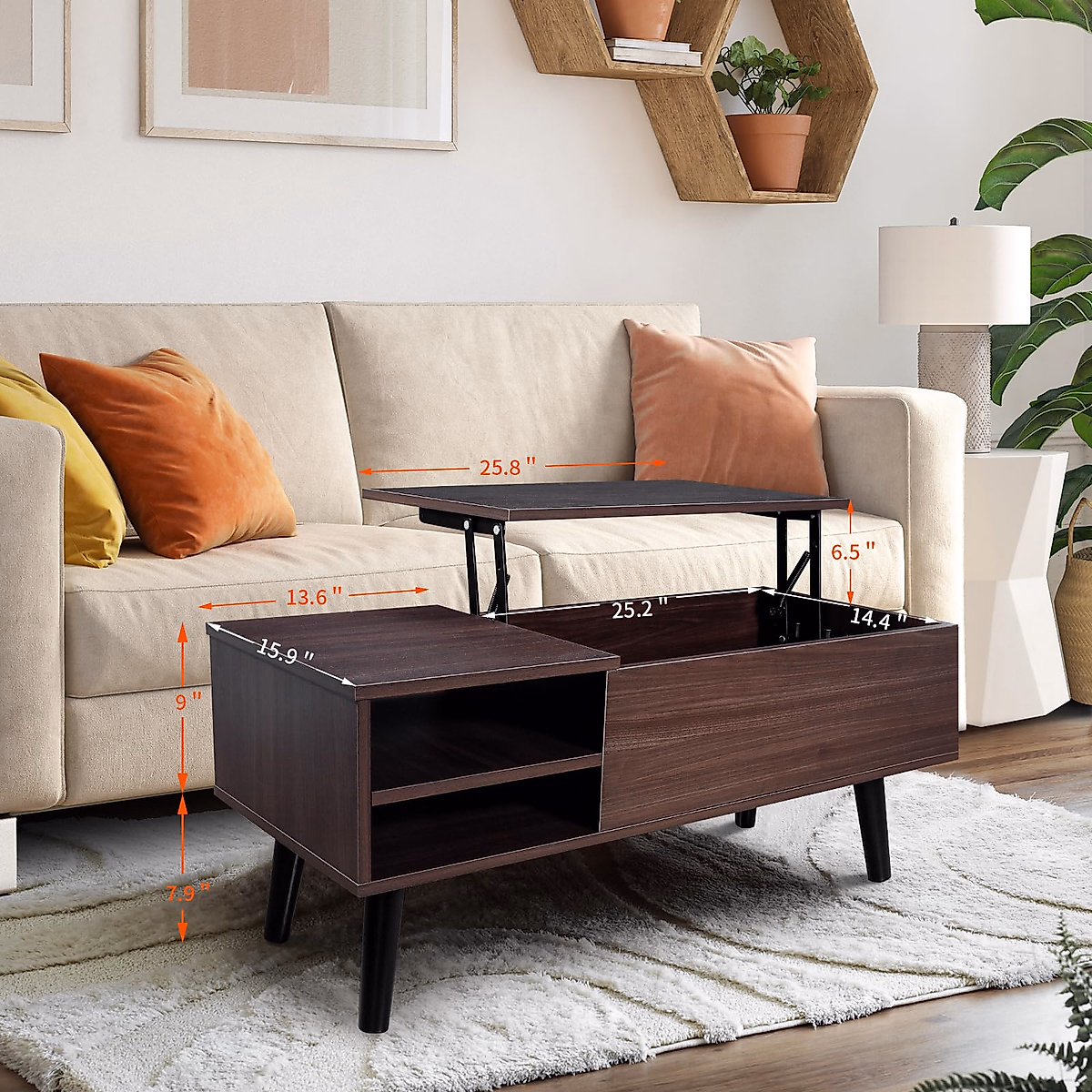 Ktoinpo Lift Top Coffee Table for Living Room, Wood Center Dining Table with Hidden Compartment Storage, Modern Adjustable Teas Tables Home Office Medieval Furniture Grey