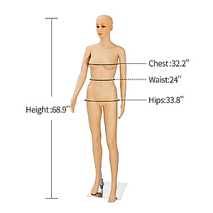 HomGarden Female Mannequin Manikin Full Body Dress Form, 69” Adjustable Mannequin Stand Realistic Mannequin Display Head Turns Dress Model w/Base