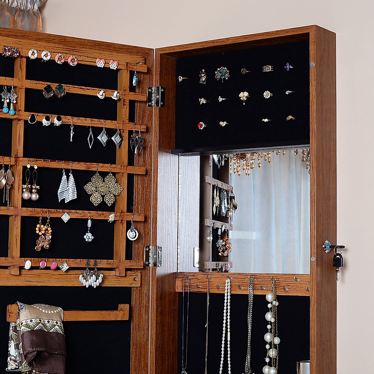 Brefhome Jewelry Armoir, Brown Wood Full Length Mirror Jewelry Cabinet with Storage, Necklace Organizer, Hanging Jewelry Holder Organizer Box