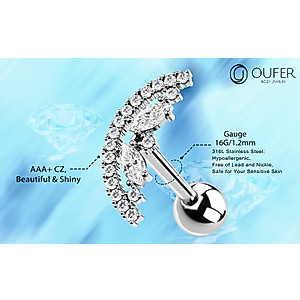 OUFER 16G Helix Piercing Jewelry, 316L Surgical Steel Cartilage Earrings Stud, Clear CZ Tragus Earrings, Conch Lobe Piercing Jewelry for Women Men