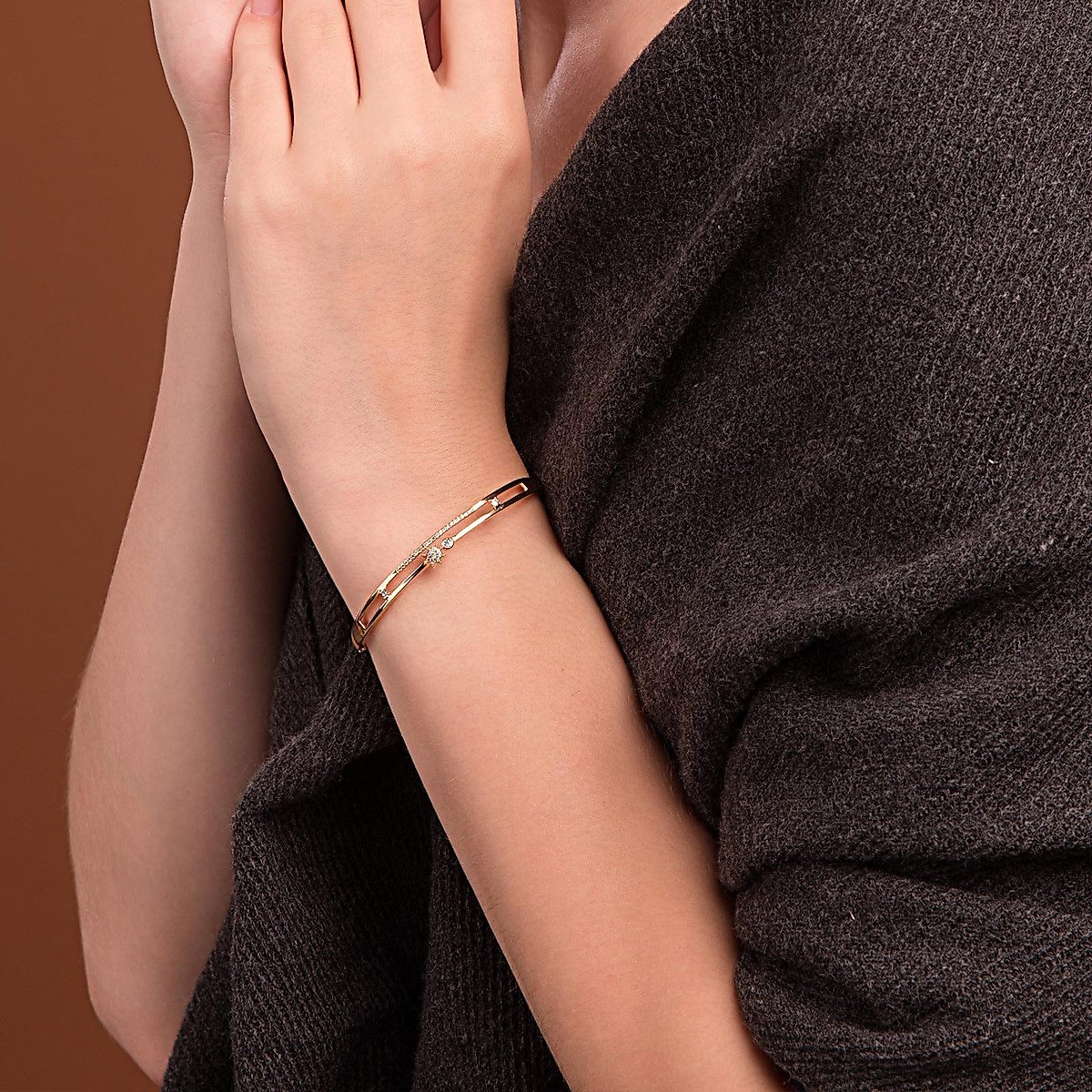 E Gold Bracelets for Women, 14K Gold Plated Bangles Bracelets with Cubic Zirconia Stones Lightweight Everyday Jewelry for Valentine's Day Wedding Birthday