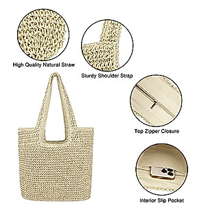 Women Large Straw Beach Bag Handmade Woven Shoulder Bags Hobo Tote Handbag Purse for Summer (A Beige)