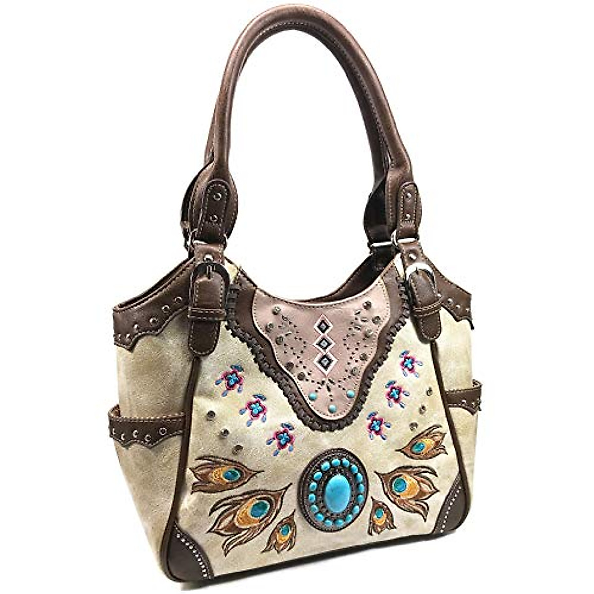 Zelris Turquoise Stone Concho Peacock Feather Women Conceal Carry Tote Purse Set (Beige)