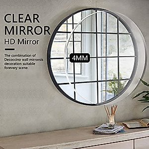 Decoccino Round Grid Wall Mirror,Circle Black Metal Frame Window Mirror 28 inches，Decorative Windowpane Round Wall Mirror for Entry, Living Room, Bedroom.