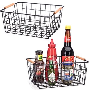 HDYOUDO Metal Wire Food Storage Basket Organizer with Wooden Handles for Organizing Kitchen Cabinets, 2 Packs-Black