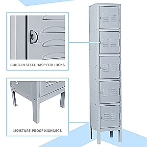 MIIIKO Metal Locker Cabinet with 5 Doors, Steel Lockers for Employees, 5 Tier Shelf Locker Organizer for School Gym Home Office