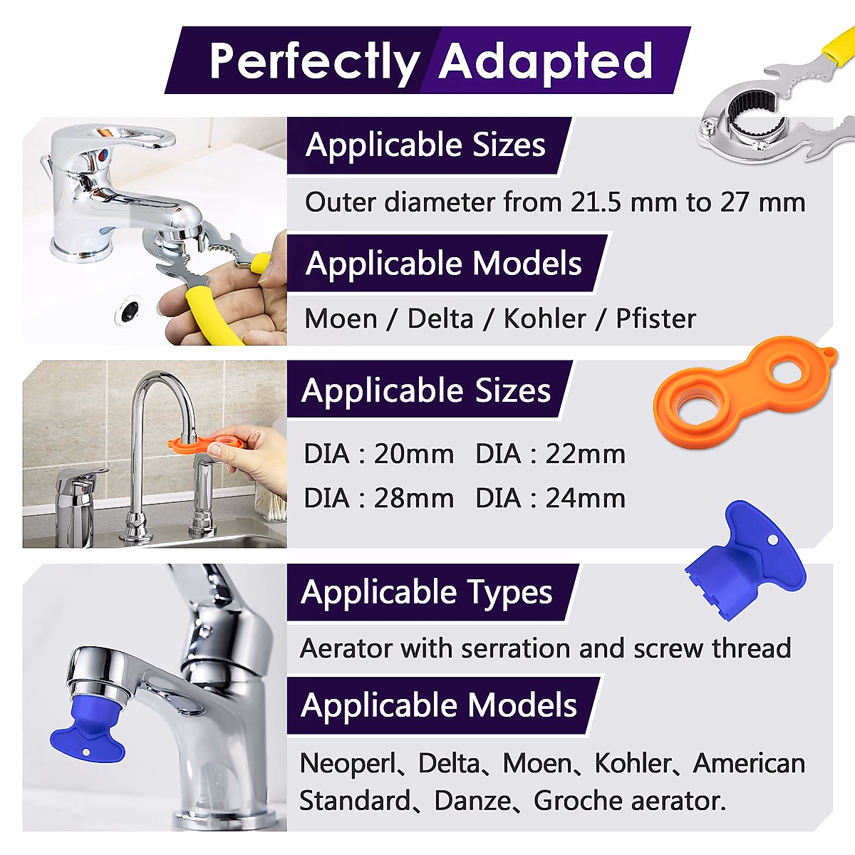 7 Pcs Faucet Aerator Removal Tool, Incl 2 Pcs Faucet Aerator Removal Wrench Tool, 5 Pcs Aerator Key for Sink Faucet with 5 Sizes, Sink Aerator Removal Tool for Kitchen Bathroom