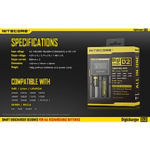 Nitecore D2 smart Charger 2015 version with LCD display For Li-ion, IMR, LiFePO4 26650 22650 18650 17670 18490 17500 18350 16340 RCR123 14500 10440 Ni-MH And Ni-Cd AA AAA AAAA C Rechargeable
