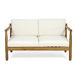 Christopher Knight Home Outdoor Acacia Wood Loveseat and Coffee Table with Cushions, Teak and Cream