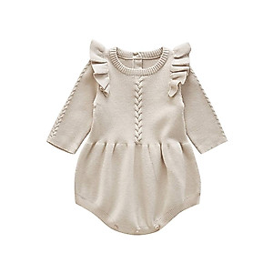 Fall Baby Outfits Baby Sweater Romper Infant Toddler Sweater Dress Photoshoot Outfit Knit Ruffle Long Sleeve Autumn Winter Clothes Newborn Coming Home 1st Birthday Knitted Outwear Apricot 0-3 Months