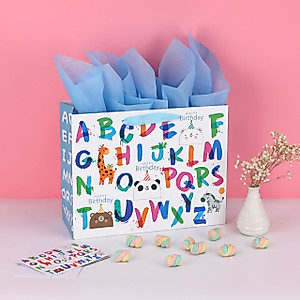 13" Large White Gift Bag Set with Greeting Card and Tissue Papers (Alphabet Design) for Boys’, Girls', or Kids' Party, Baby Showers, Baby Girl, Baby Boy, Newborn, New Moms or Parents - 10.2” x 5.2” x 13”, 1 Pcs.