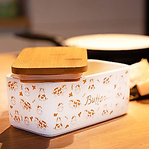 Lumicook Ceramic Butter Dish with Wooden Lid, Large Butter Container Keeper Storage with Stainless Steel Butter Knife Spreader, Bamboo Cover, butter holder easily fits 2 sticks of butter