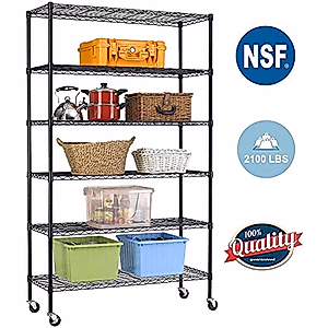 FDW 48"L×18"W×82"H Wire Shelving Unit Storage Cart Metal Shelf Rolling Utility Cart 2100Lbs Capacity with 6 Tier Casters Adjustable Layer Rack Strong Steel for Restaurant Garage Pantry Kitchen,Black
