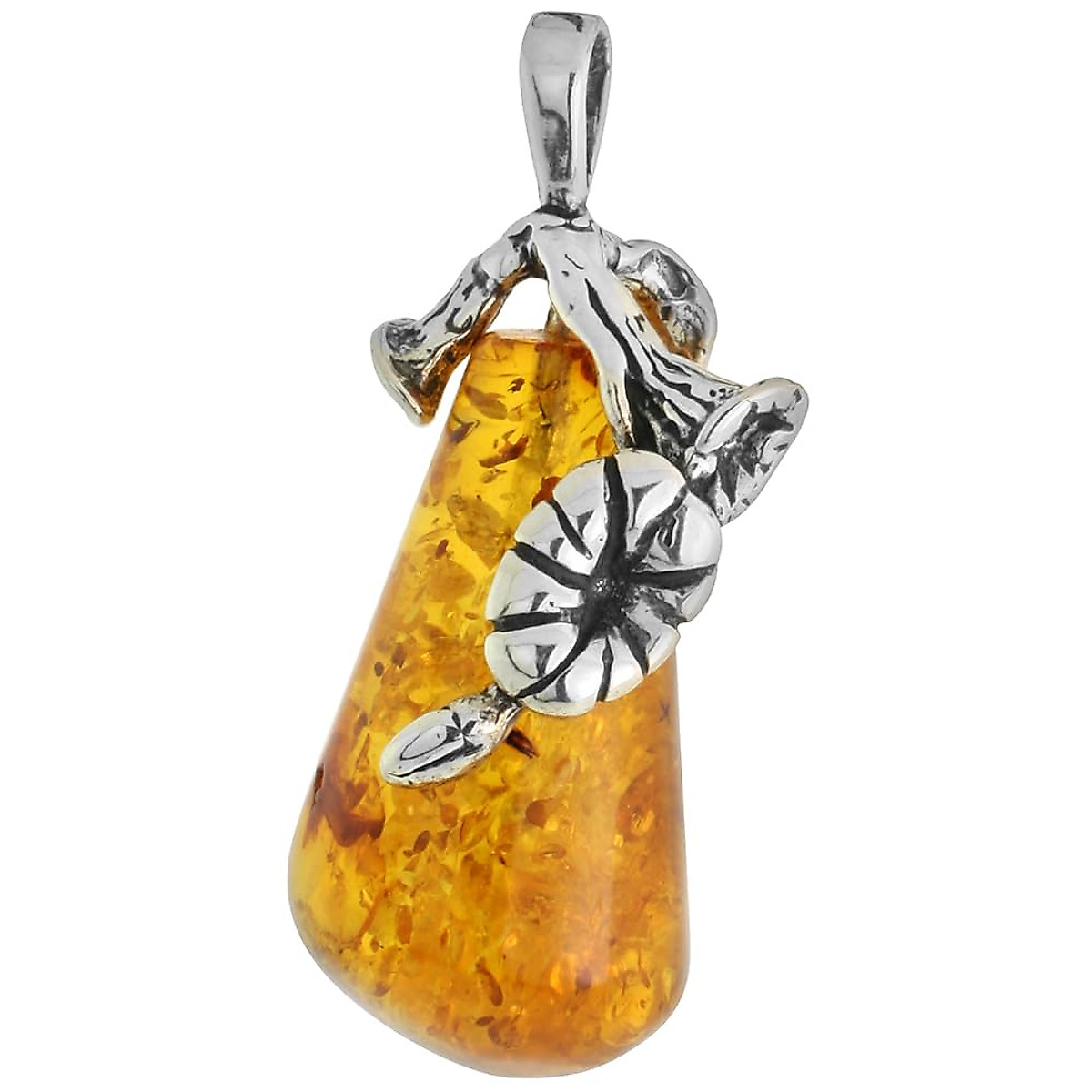 1 3/16 inch Long Sterling Silver Baltic Amber Teardrop Pendant for Women Trumpet Flower Design Cap No Chain Included
