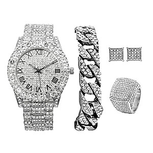 Bling-ed Out It's Lit! Hip Hop Watch & Jewerly Set w/Cuban Chain Bracelet, Kite Bling Earrings & Ring - GJM13 (9, ST10327RN SLV BLK R#)