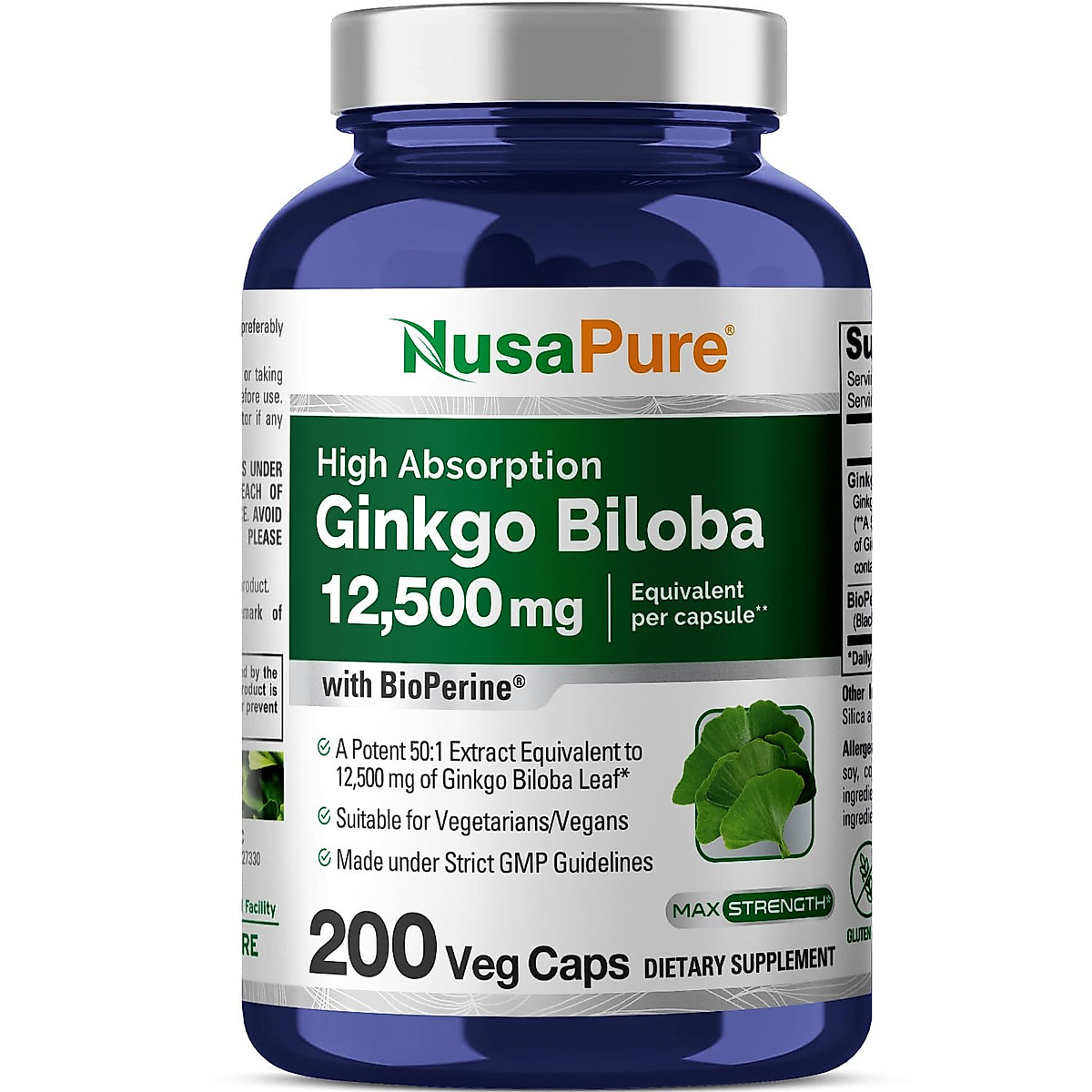 NusaPure Ginkgo Biloba Extract 12,500mg per Veggie Caps 200 Capsules (Vegetarian, Non-GMO, Vegan, Extract 50:1) Bioperine