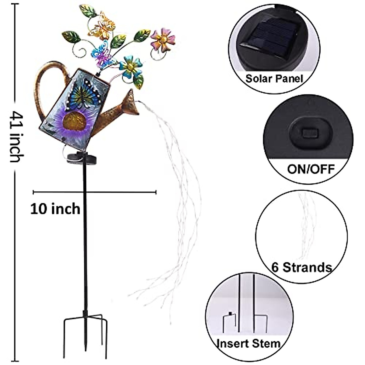 Solar Outdoor Watering Can Lights-Butterfly Decorative Path Lights, Metal Glass Solar Powered Garden Waterfall Decor Ornament for Yard Lighting Outside