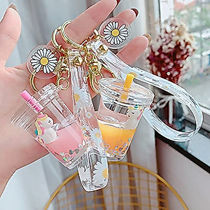 HSYHERE Girls Women Creative Beautiful Romantic Floating Unicorn Milk Tea Cup Keychain Keyrings, Moving Sand Help Relax Car Key Chain Key Ring Bag Pendant Key Holder Daisy Flower Strap Bell -Pink