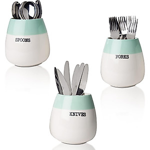 Ceramic "Honeypot" Cutlery Holder - Set of 3 - Farmhouse Silverware Caddy for Kitchen Countretop - Decorative Spoon, Fork & Knife Holder for Parties & More - Rustic Caddy Made of Premium Ceramic