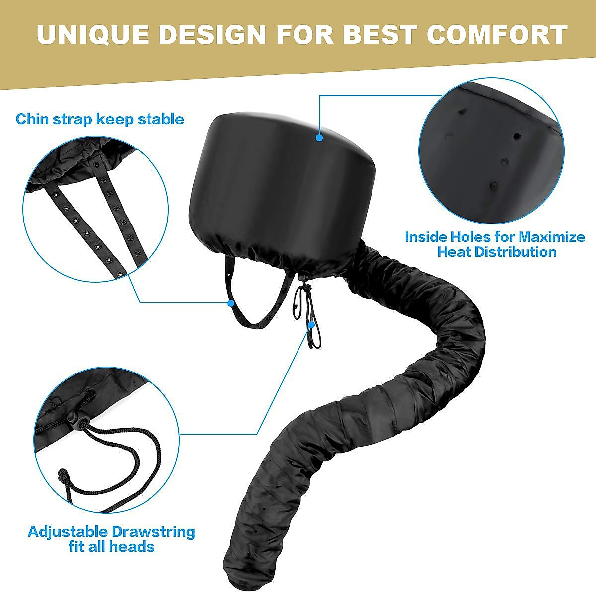 Bonnet Hood Hair Dryer Attachment Set - Soft Adjustable Hooded Bonnet for Hand Held Hair Dryer - Including Head Band for Drying Styling Curling Deep Conditioning