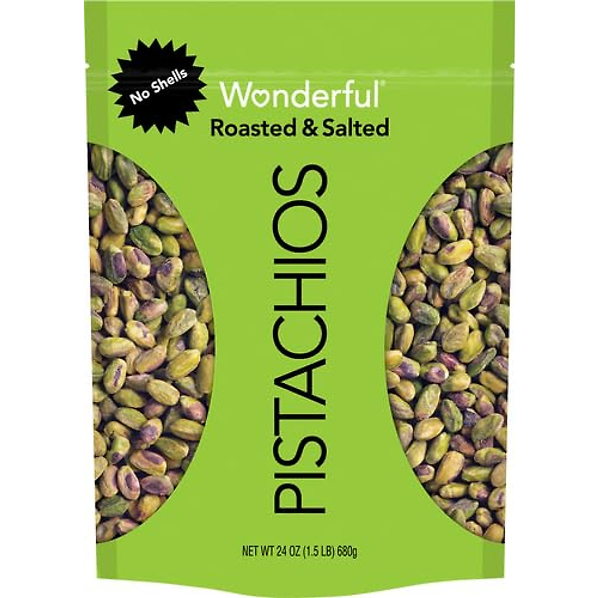 Wonderful Pistachios, No Shells, Roasted & Salted Nuts, 24 Ounce Resealable Bag, Good Source of Protein, Gluten Free, On the Go Snack
