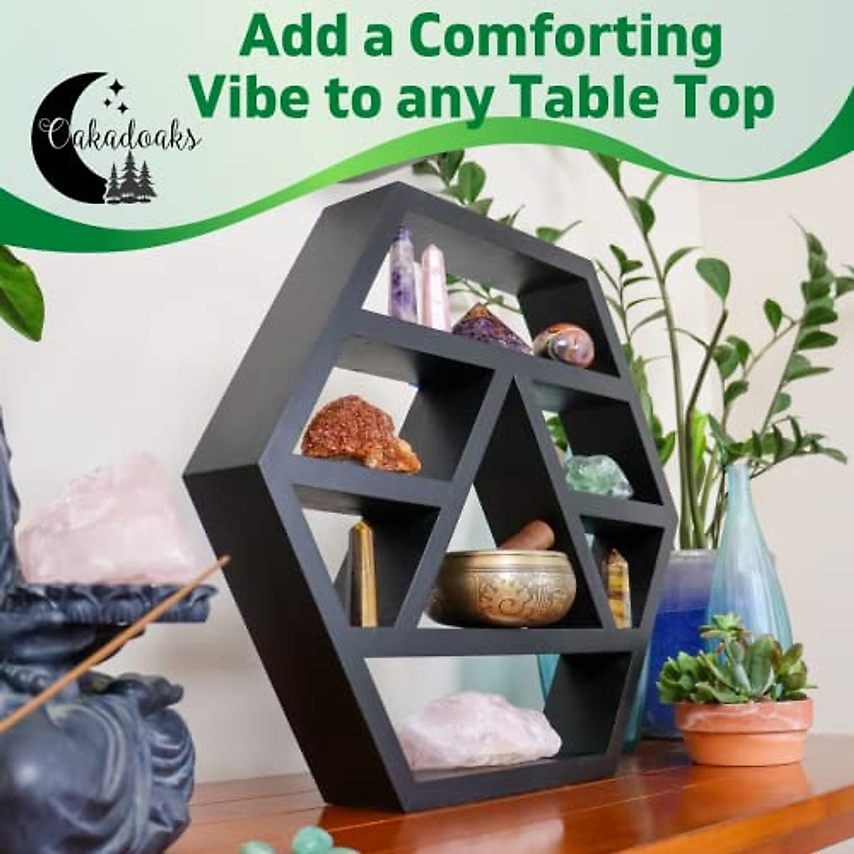 Hexagon Crystal Shelf Display - Large 21" Black Geometric Altar Shelf for Crystals - Table or Hanging Wood Hexagon Floating Shelves -Boho Crystal Display Shelf & Essential Oils - Spiritual Decor Gifts