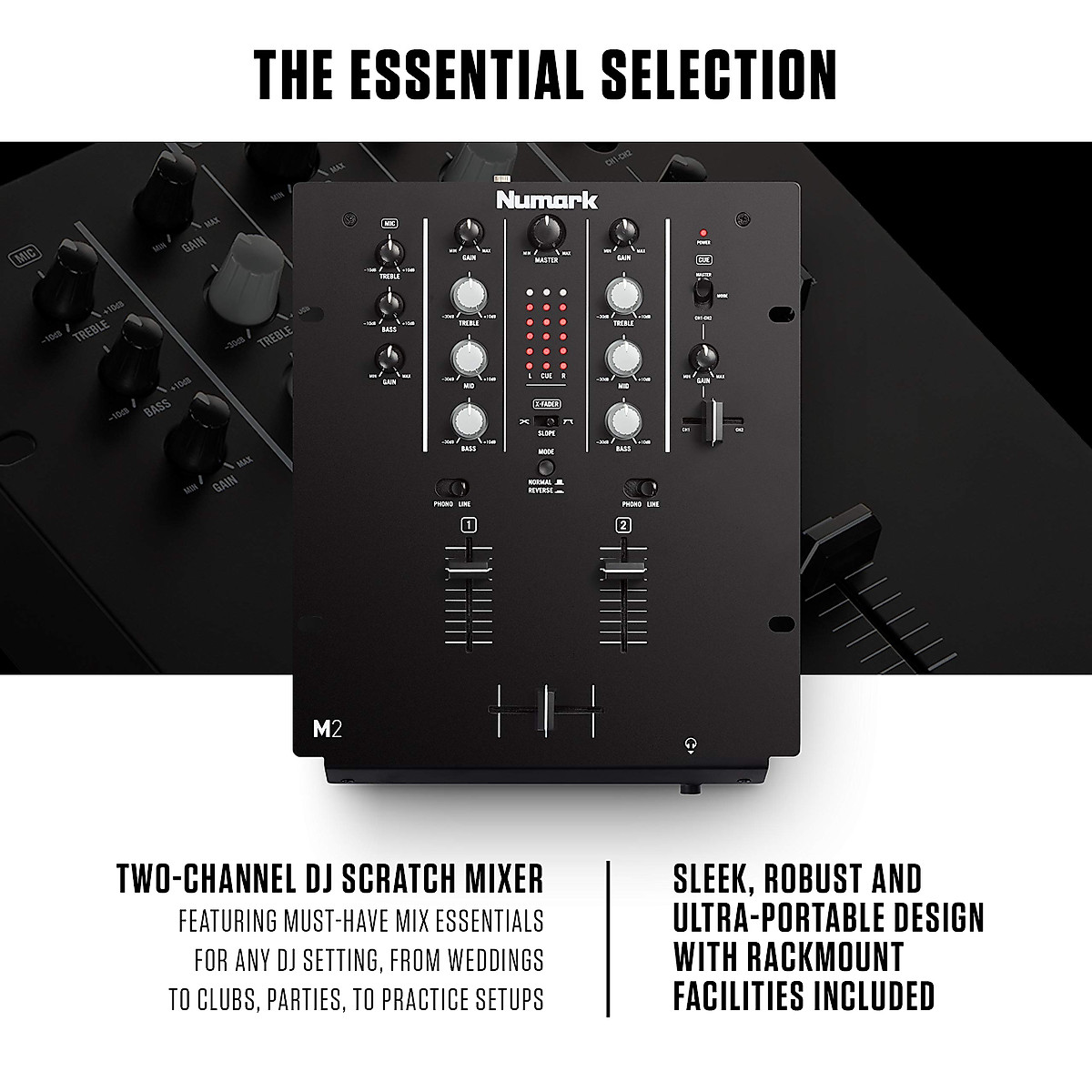 Numark M2 - 2-Channel Scratch DJ Mixer, Rack Mountable with 3-Band EQ, Microphone Input and Replaceable Crossfader with Reverse and Slope Controls