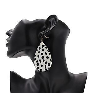 Kathaya Cowhide Both Side Printed Teardrop Hook Earrings Handmade Lightweight Floral Cow Print Earring for Women Girls Dangle Drop Leather Western Earring Set White Black/Brown (Dalmatian)