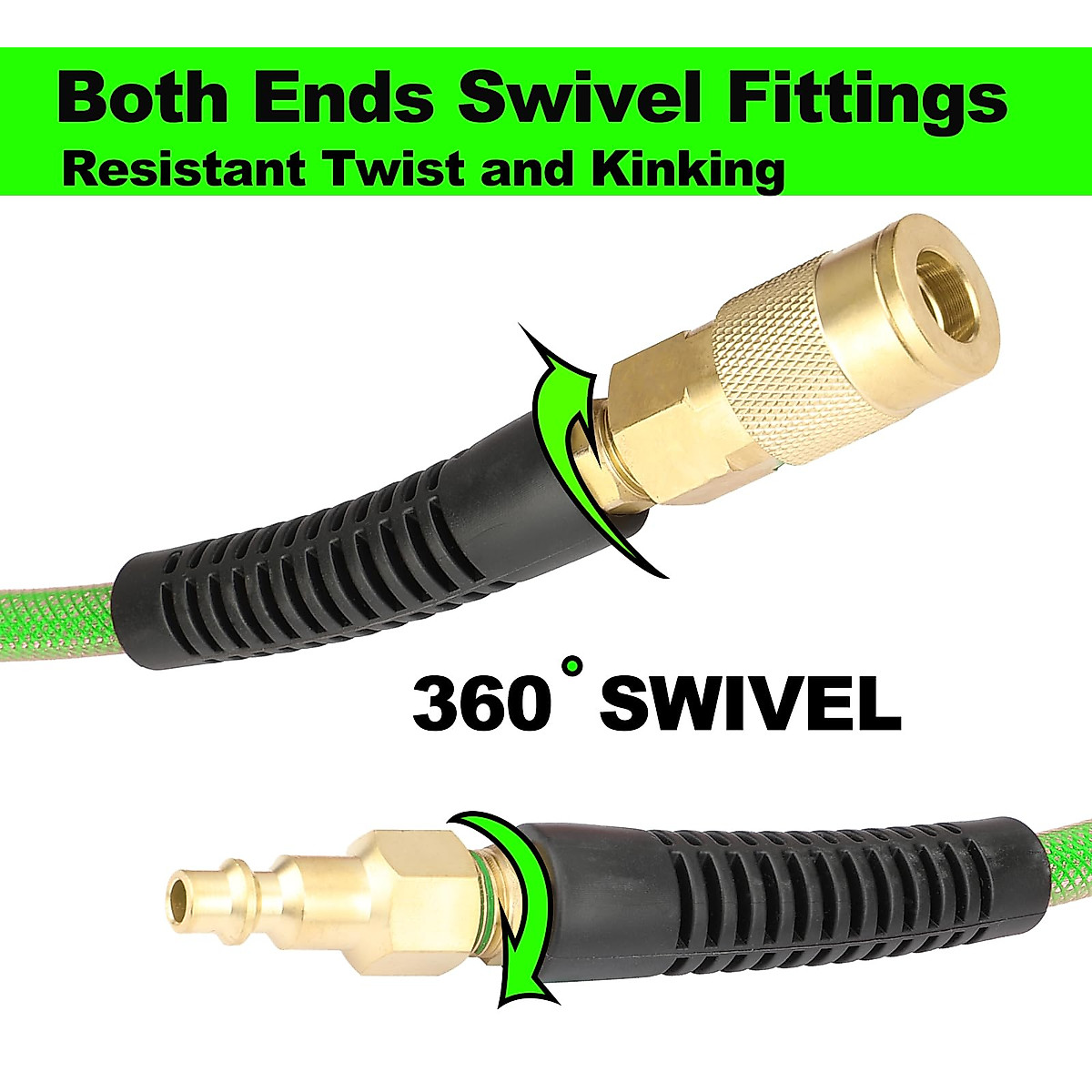 YOTOO Reinforced Polyurethane Air Hose 1/4" Inner Diameter by 100' Long, Flexible, Heavy Duty Air Compressor Hose with Bend Restrictor, 1/4" Swivel Industrial Quick Coupler and Plug, Green