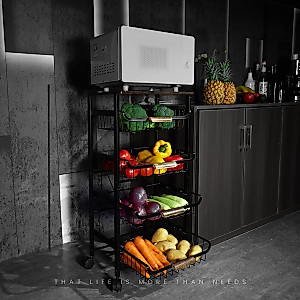 MAWEW Vegetable Kitchen Storage Basket,Potato Storage Basket,Vegetable Storage Cart with Universal Wheel,Rustic Farmhouse Vegetable Storage Basket, Kitchen Vegetable Storage Rack，snack shelf(5 Tier)