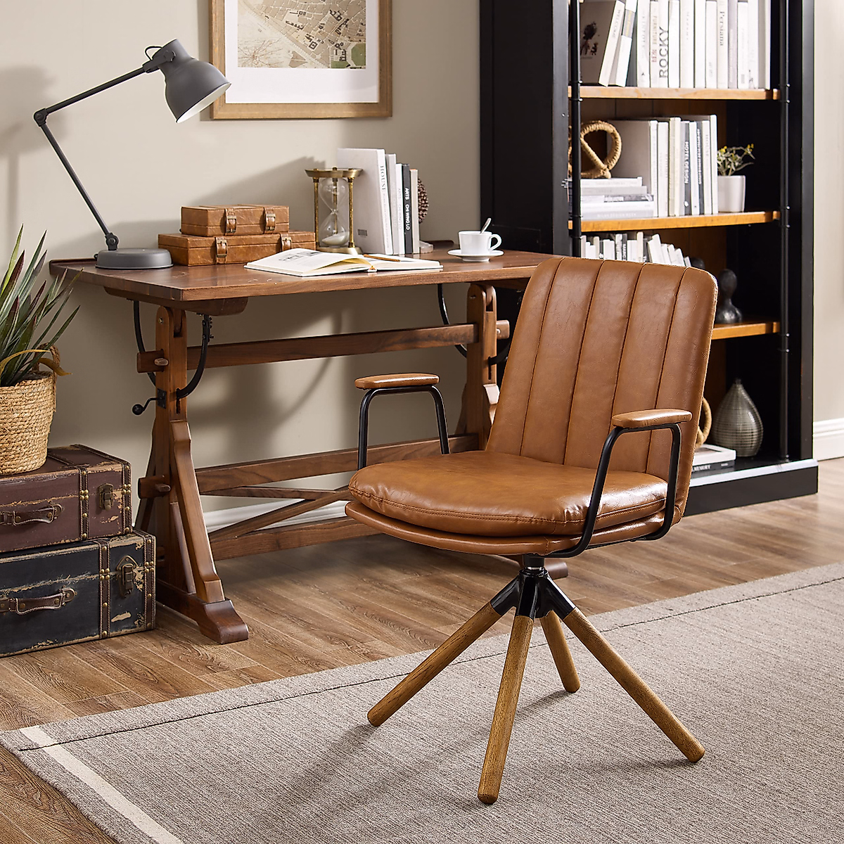 Zouron Swivel Mid Century Modern Office Chair, Ergonomic Desk Chair for Living Room, Computer Chair PU Leather Home Office Chair with Oak Wood Legs, Yellow Brown, No Wheel