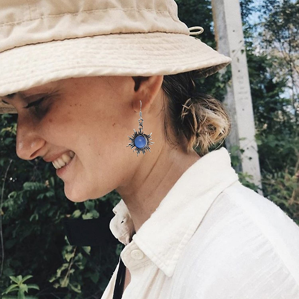 GBAHFY Opal Sun and Moon Dangle Earrings Asymmetry Moonstone Earrings for Women (Blue)