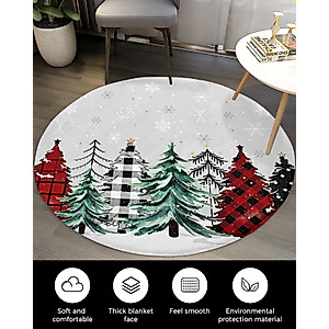 Christmas Fluffy Round Area Rug Carpets 3ft, Plush Shaggy Carpet Soft Circular Rugs, Non-Slip Fuzzy Accent Floor Mat for Living Room Bedroom Nursery Home Decor Plaid Pine Tree Red Green Dots Grey