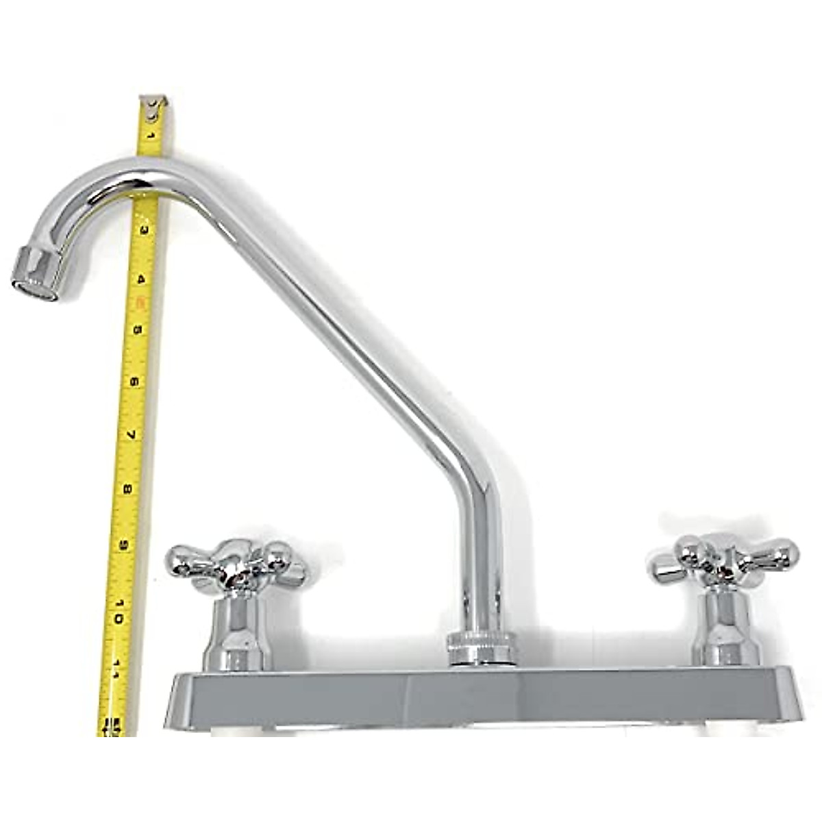 Chromed Surface 8" Two Handle Tall Stainless Steel Spout Kitchen Faucet 8 inch Center Hole [3015P] ADA No Lead, Plastic (POM) Body HI Rise Spout