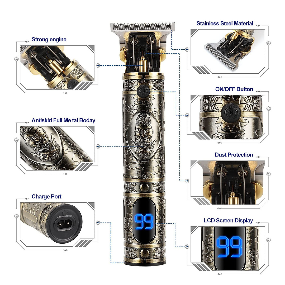 Skin Scrubber Hair Clippers for Men, Professional Cordless Trimmer Men Hair Clipper with Combs Guards and LED Display Rechargeable Beard Hair Trimmer Haircut Grooming Kit for Men