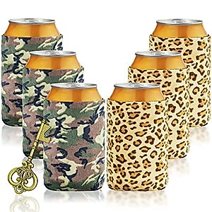 BAGnoREGio Short Plush Beer Can Cooler Sleeves, Soft Velvet Neoprene Insulated Coozie for Soda Beverage Cans, 6-Pack Collapsible Thermocoolers with 1PC Key Bottle Opener (Camouflage,Leopard)