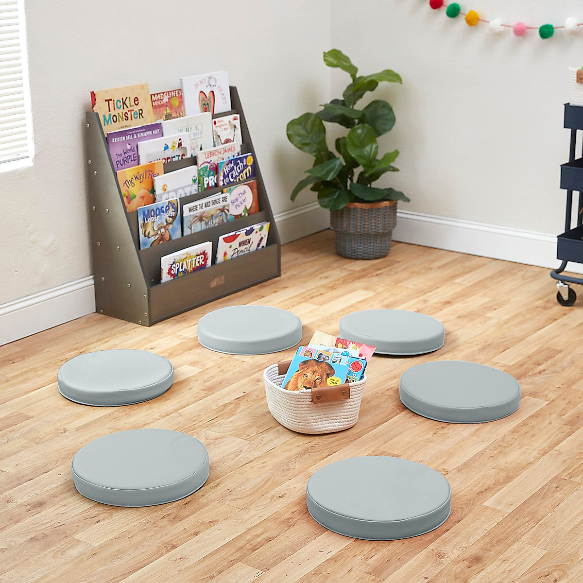ECR4Kids SoftZone Floor Cushions, Round, Flexible Seating, Light Grey, 6-Piece