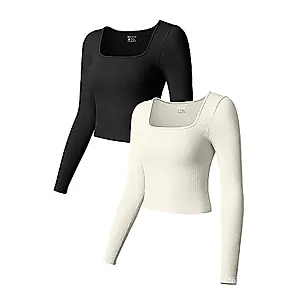 OQQ Women's 2 Piece Crop Shirt Long Sleeve Square Neck Underscrubs Stretch Fitted Layer, Black,beige, Large