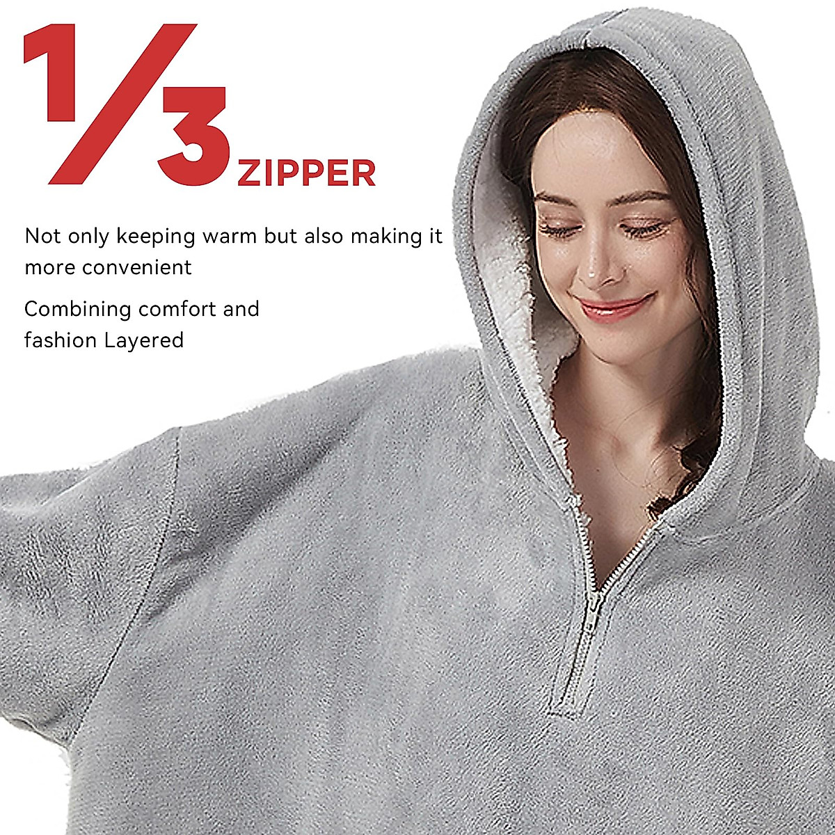 Beauty Shine Oversized Wearable Blanket Hoodie,Sherpa Hooded Blanket Adult as Birthday Gifts for Men Mom Women Girlfriend,Cozy Sweatshirt with Giant Pocket(Grey,Zipper)