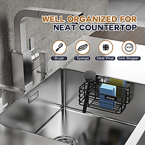 TKISZYZR Sink Sponge Holder and Sink Caddy, Sponge Holder for Sink, Kitchen Brush Holder – No Drilling with Adhesives(Black)