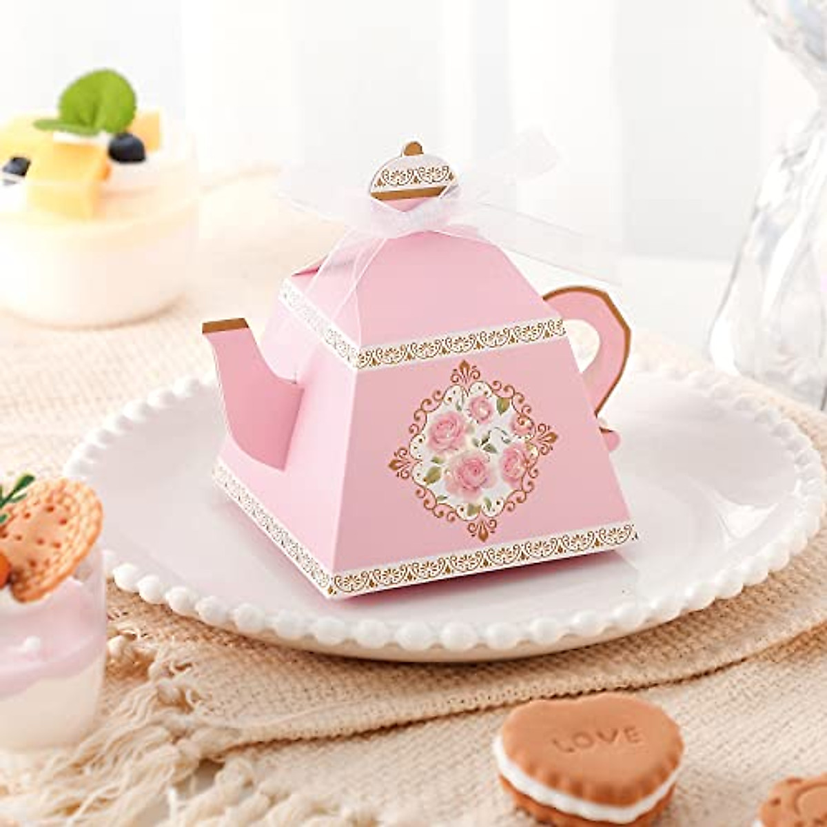 Fuutreo 50 Pcs Vintage Floral Teapot Box Flower Tea Party Gift boxes Teapot Candy Box tea Time party decorations for Tea Garden Wedding Bridal Birthday Baby Shower (Pink)