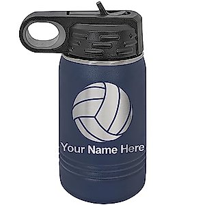 LaserGram Personalized Water Bottle, Volleyball Ball, Stainless Steel Double Wall Vacuum Insulated with Flip Top Straw, Custom Engraved Gift (12oz / 335ml Navy Blue)