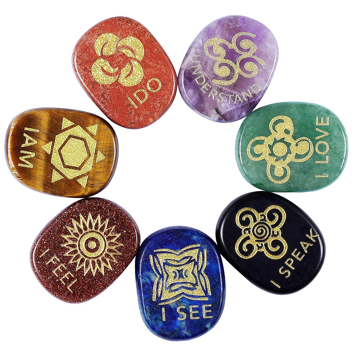 mookaitedecor 7 Piece Chakra Stones Engraved English Symbols Polished Palm Stones for Reiki Crystal Healing