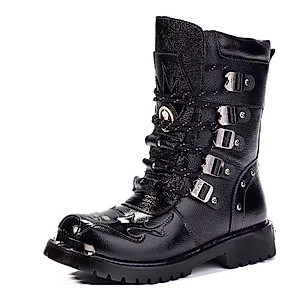 N.Y.L.A. Black Men's lace-up Military Combat Boots, Non-Slip Comfortable Leather high-top Outdoor Hiking Shoes, Wear-Resistant Motorcycle Boots, Steampunk Gothic Retro Classic Buttoned Military Boots
