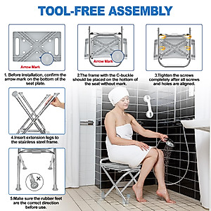 UGarden Folding Shower Chair Seat, Stainless Steel Small Shower Chair for Inside Shower with Pad/Grab Bar, 400lbs Portable Travel Shower Stool, Safety Anti-Slip Bath Chair for Seniors, Disabled, Gray