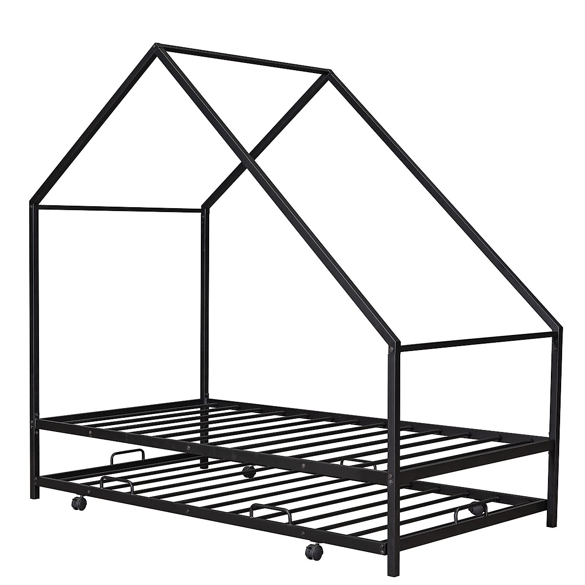 Metal House Bed with Trundle, Montessori Bed Twin Size Platform Bed Frame with Roof, Tent Bed, Modern Style Heavy-Duty Steel Frame Playhouse Bed for Kids Teens Girls Boys (Twin, Black)