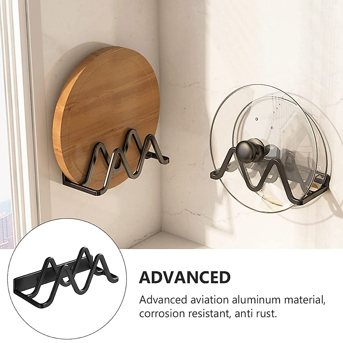 Cabilock Kitchen Lid Organizer Wall Mounted Pot Lid Storage Rack Cabinet Pantry Countertop Bakeware Organizer Dish Stand Holder for Spatula Plates Lid Cutting Boards Black